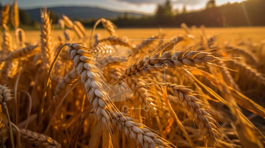 Beautiful Sunset Landscape with Wheat Field and Mountains stock photo ...