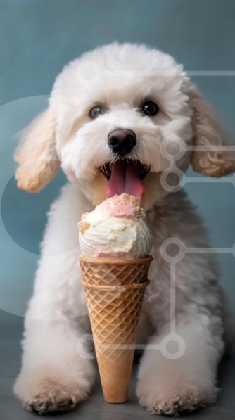 Adorable image of dog enjoying ice cream cone with pink and white ...