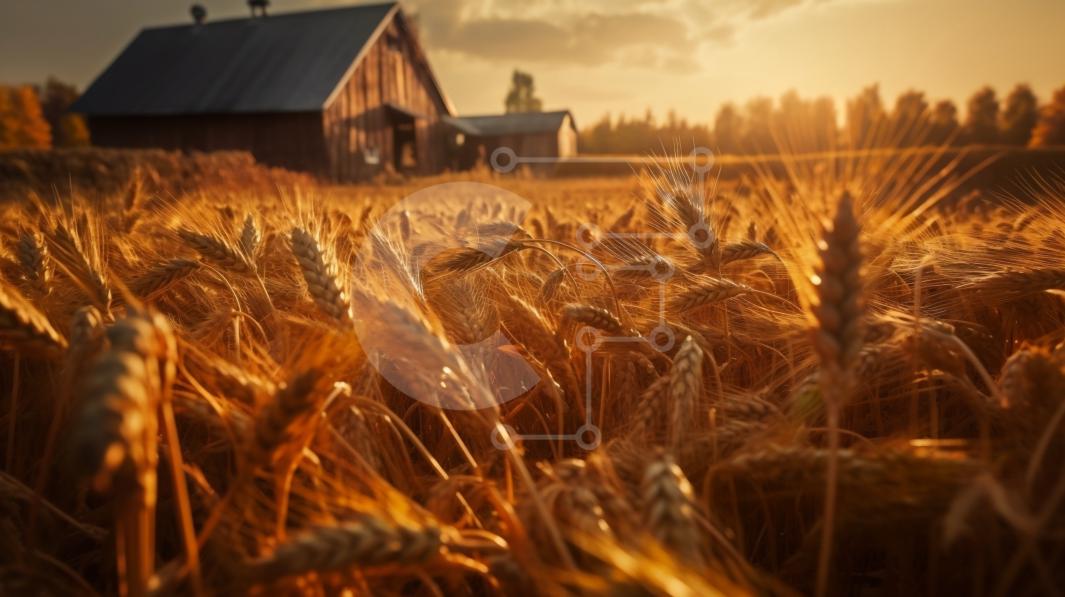 Beautiful Picture of a Barn in a Wheat Field at Sunset stock photo ...