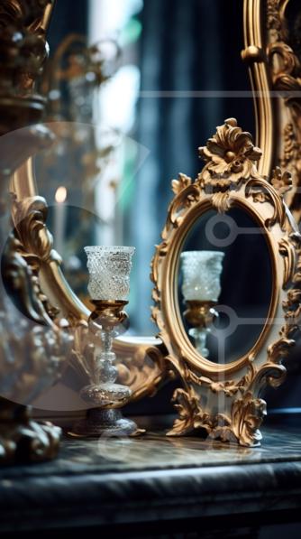 Elegant Gold-Framed Mirror in Dimly Lit Room stock photo | Creative Fabrica
