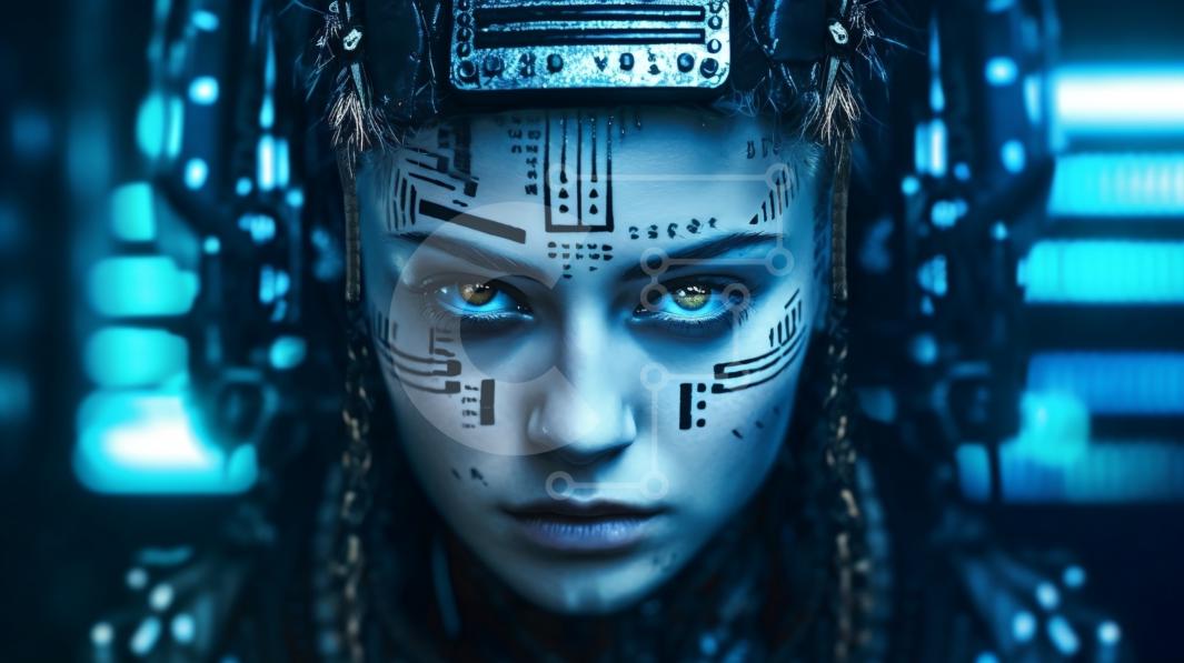 Futuristic Cybernetic Woman with Blue Glowing Eyes Stock Photo stock ...