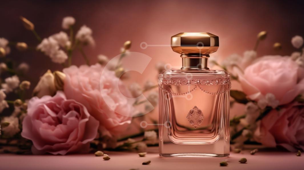 Luxurious and sophisticated image of pink perfume bottle and roses ...