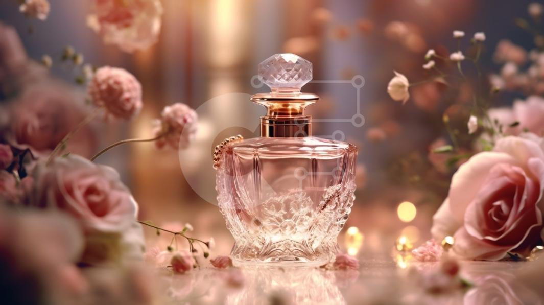 Elegant Pink Perfume Bottle with Beautiful Pink Roses stock photo ...