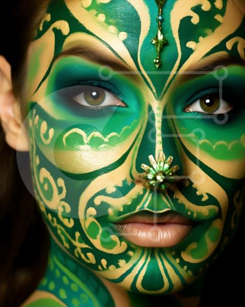 Beautiful Woman with Green Face and Gold Designs stock photo | Creative ...
