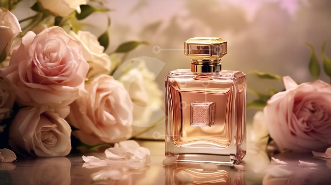 Botella de perfume rosa femenina y elegante en una mesa con rosas ...