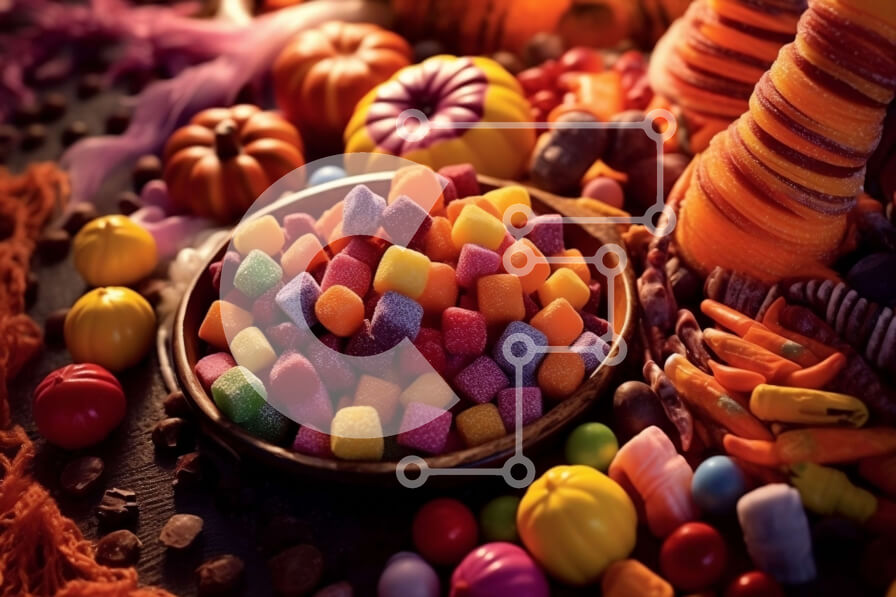 Bowl of Colorful Candy with Pumpkins and Fall Decorations stock photo ...
