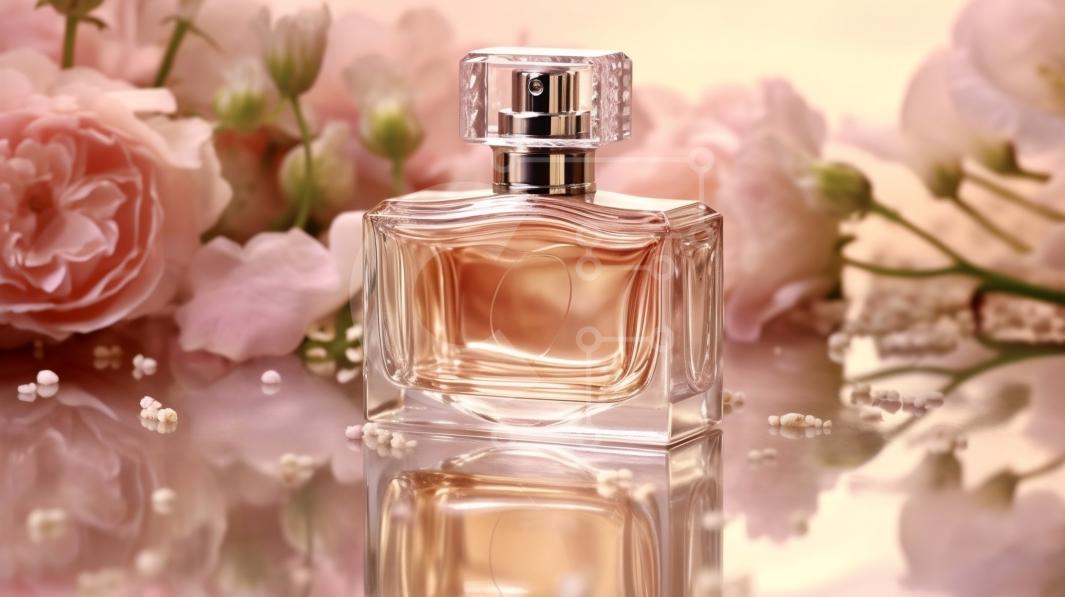 Elegant image of a pink perfume bottle surrounded by roses stock photo ...