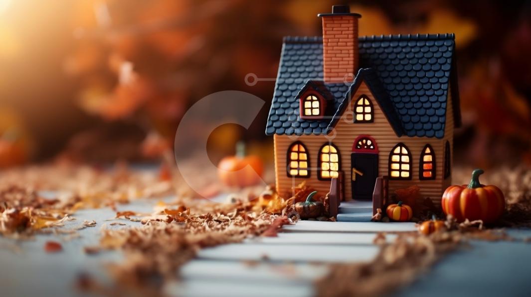 Colorful Autumn Scene with Wooden House and Pumpkins stock photo ...