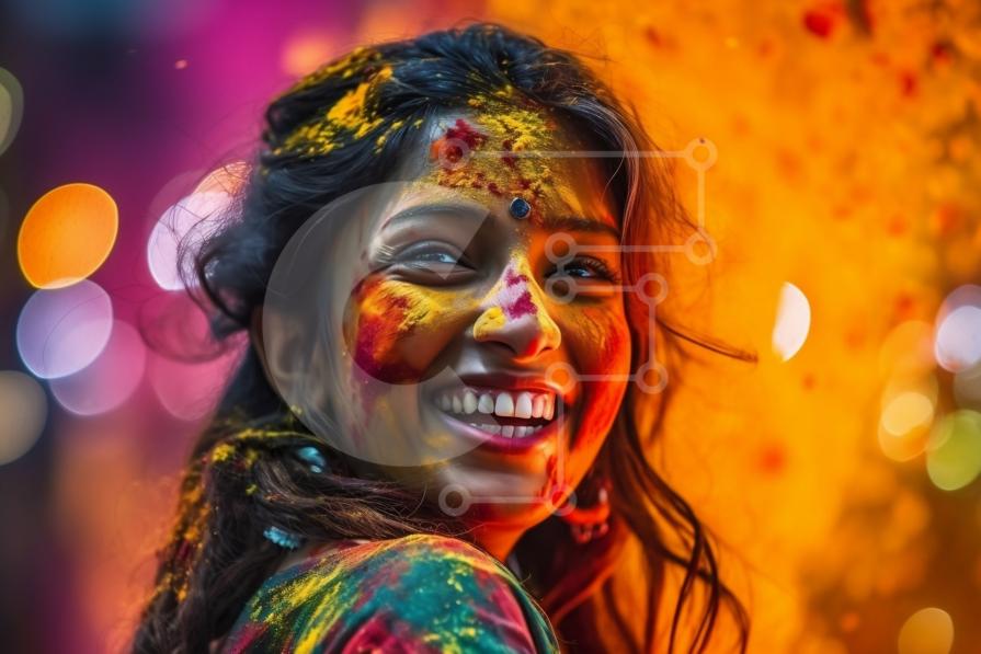 Happy Woman Covered in Colorful Powder Smiling for the Camera stock ...