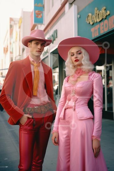 Pink Cowboy Fashion: Couples Outfits on Busy City Street stock photo ...