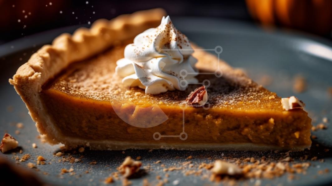 Yummy Pumpkin Pie with Whipped Cream and Pine Nuts on Top stock photo ...