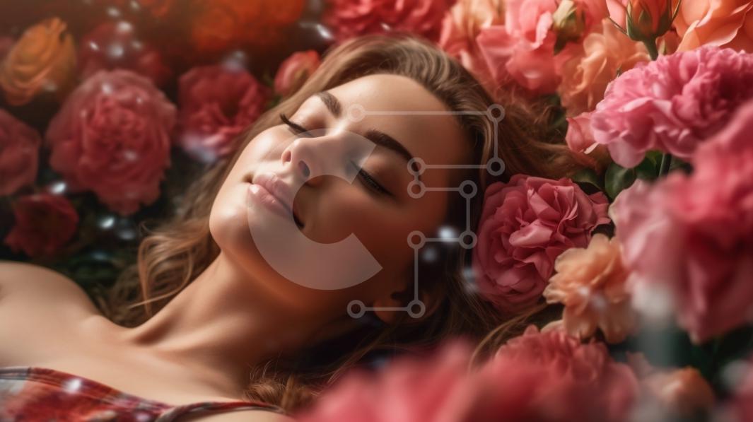 Beautiful woman surrounded by pink roses in a lush green field stock ...