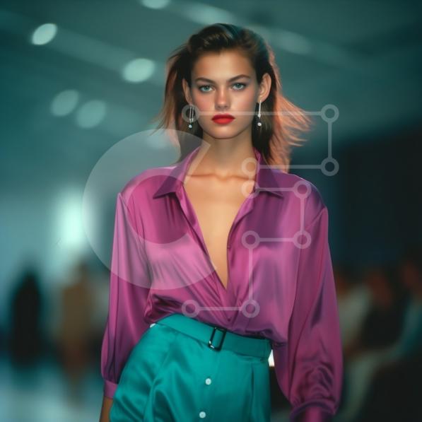 Stylish Model Walks Down Runway in Purple Blouse and Turquoise Pants ...