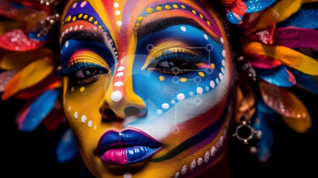 Colorful Woman with Face Paint and Feathers stock photo | Creative Fabrica