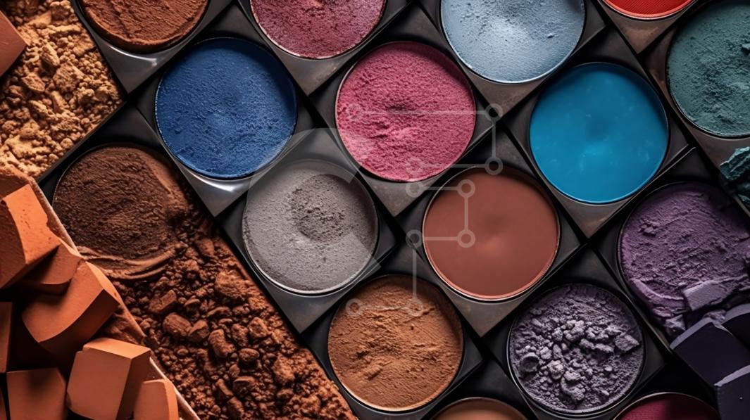 Collection of colorful makeup products in shades of blue, green, orange ...