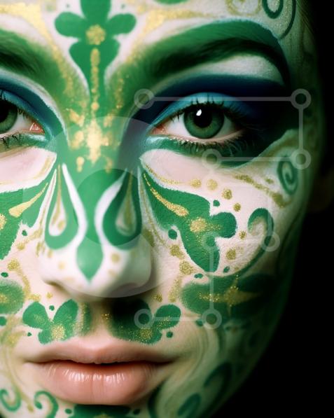 Stunning Portrait of Woman with Green Face Paint and Intricate Designs ...
