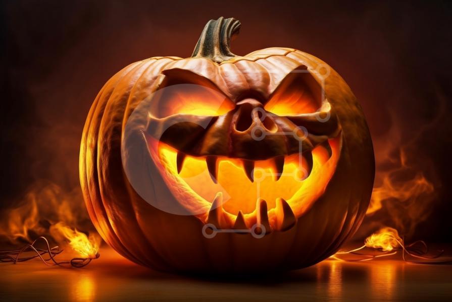 Spooky Carved Pumpkin with Candle Inside on Wooden Table stock photo ...