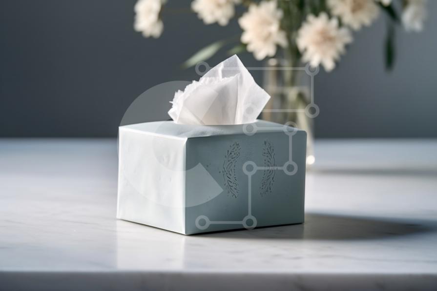 Blue Ceramic Tissue Box with Geometric Design on White Countertop stock ...