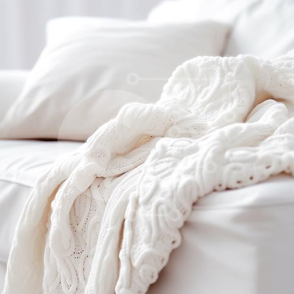 Inviting Living Room with Soft White Blanket on the Couch stock photo ...