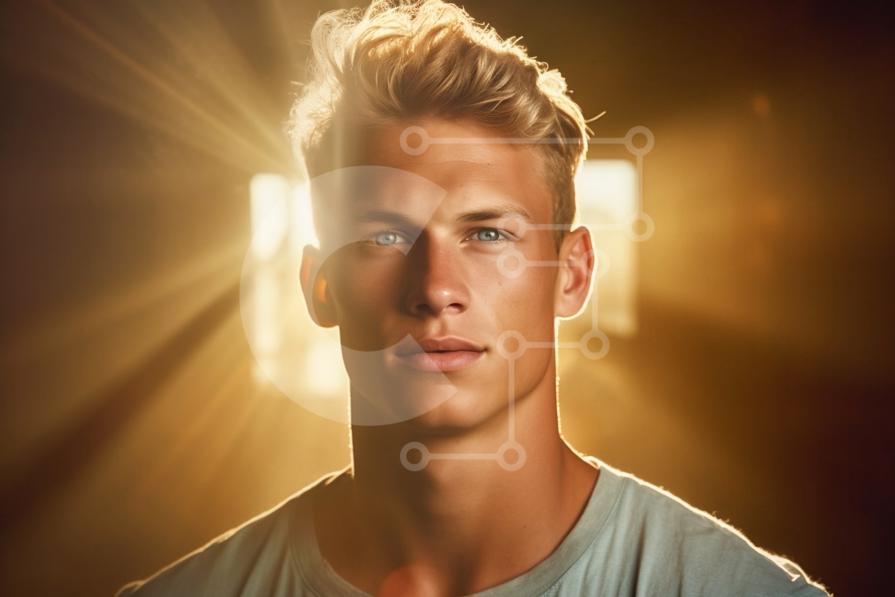 Serious Portrait of a Young Man in Front of a Bright Light stock photo ...