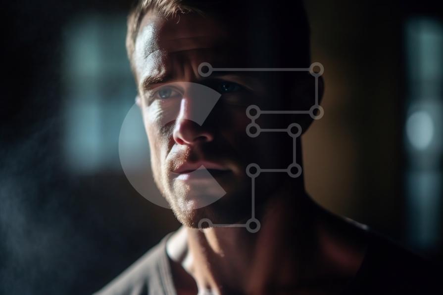 Serious Looking Man Standing in a Dimly Lit Room stock photo | Creative ...