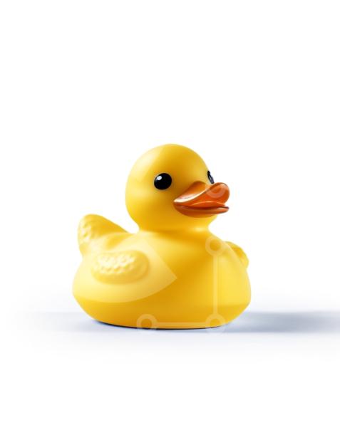 Cute Picture of a Smiling Rubber Duck on a White Surface stock photo ...