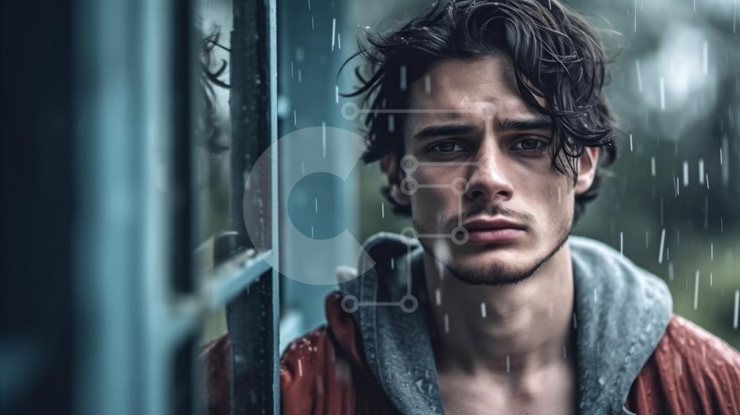 Black and White Photo of a Young Man Standing in the Rain Looking Out a ...