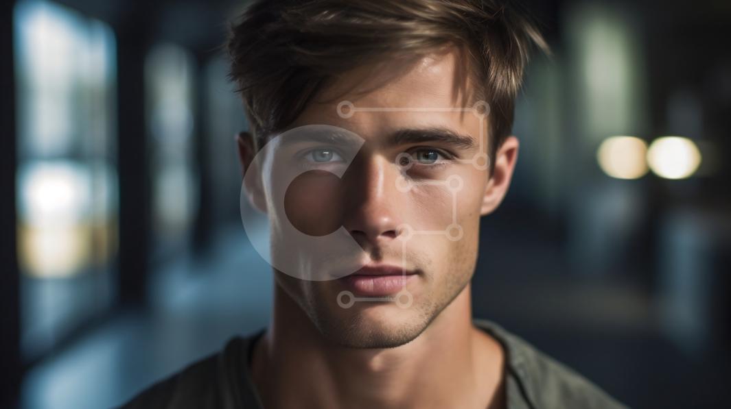 Serious Portrait of Young Man in Dimly Lit Corridor stock photo ...