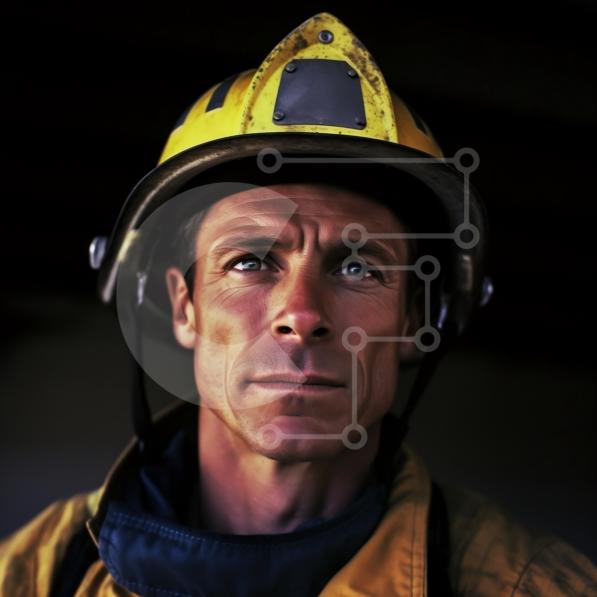 Serious Firefighter in Yellow Helmet and Jacket Looking at Camera stock ...