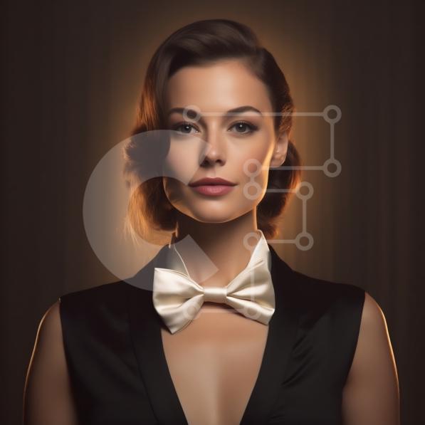 Stunning Fashion Shot of Woman in Black Dress with White Bow Tie stock ...