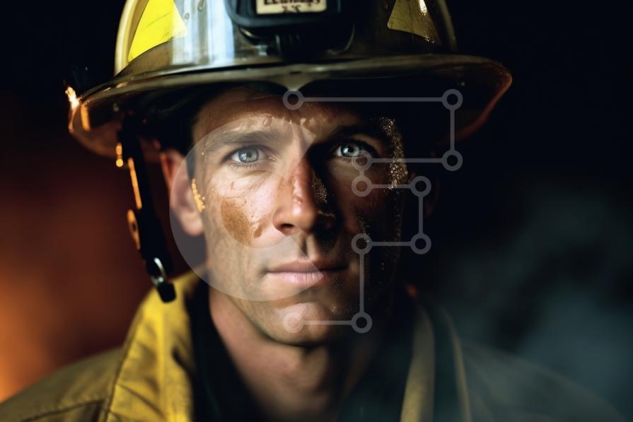 Serious Firefighter in Uniform with Helmet stock photo | Creative Fabrica