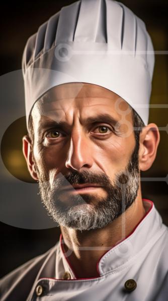 Serious Middle-Aged Chef in Black Apron and White Jacket stock photo ...