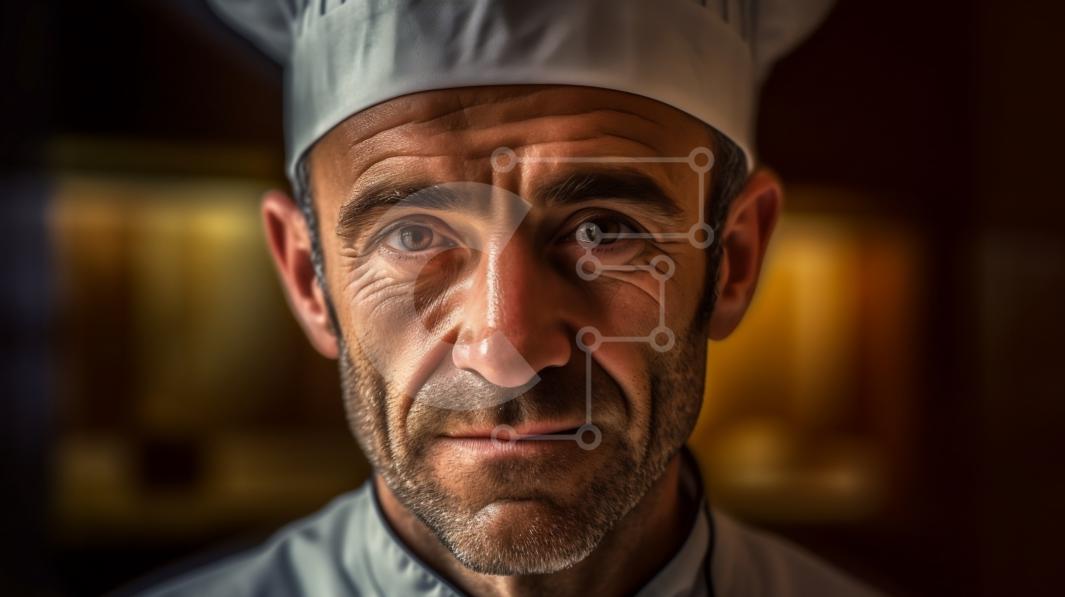 Professional Chef's Serious Look with Hat and Apron stock photo ...