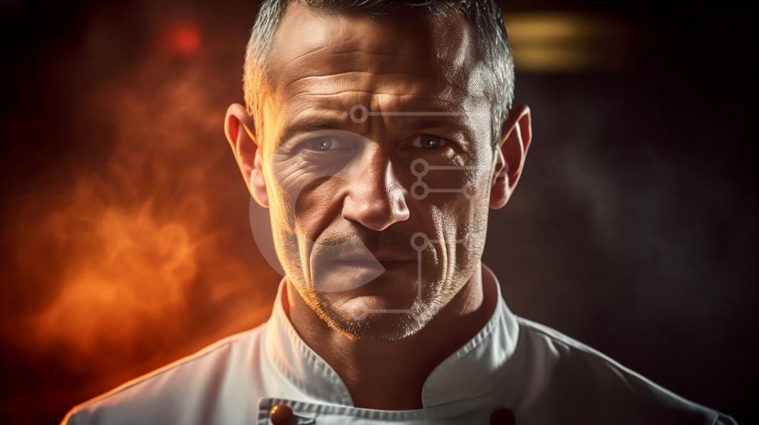 Intense photo of a chef in uniform looking at the camera stock photo ...
