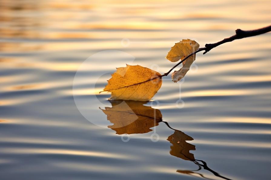 Beautiful Picture of a Single Yellow Leaf on Calm Water at Sunset stock ...