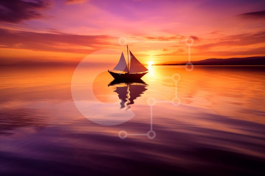 Sailboat Sailing on Calm Ocean at Sunset stock photo | Creative Fabrica