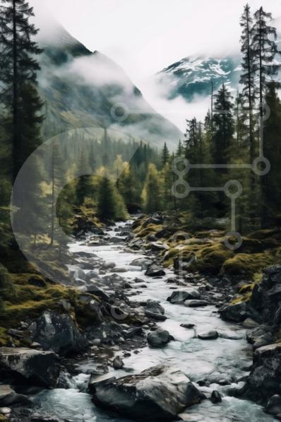 Serene Image of a Mountain Stream Flowing Through a Lush Forest stock ...