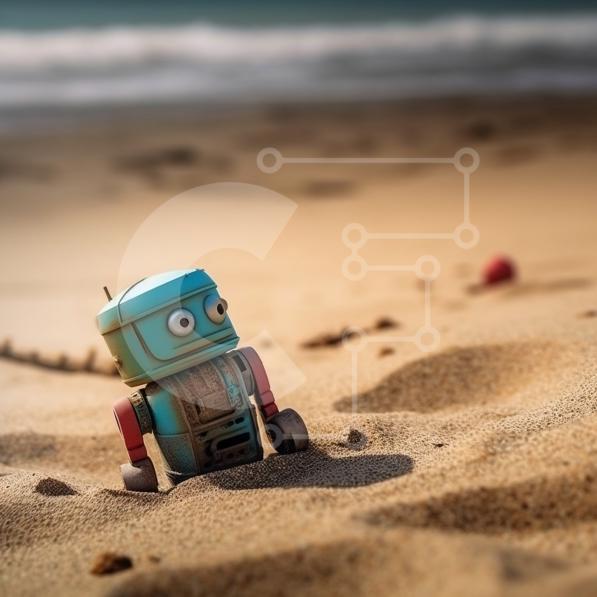 Cute Toy Robot Sitting on the Sand by the Water's Edge stock photo ...