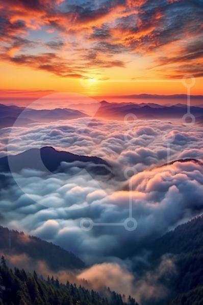 Stunning Sunset over Mountains with Clouds in the Valley stock photo ...
