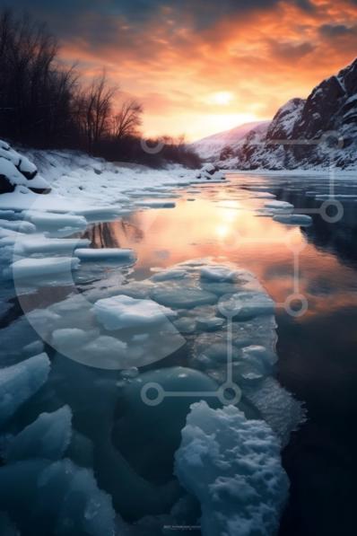 Beautiful Landscape of Frozen River with Ice Floes and Mountains at ...