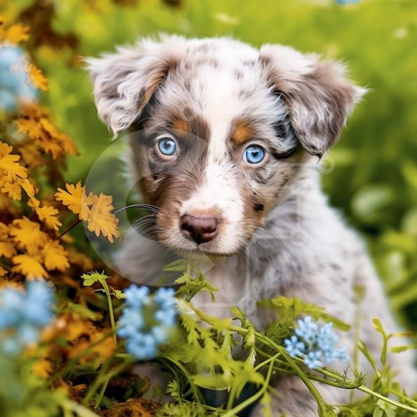 Adorable Blue Heeler Puppy Surrounded by Wildflowers stock photo ...