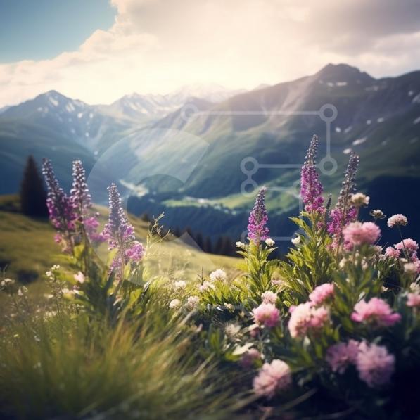 Scenic Picture of a Mountain Landscape with Wildflowers and Snow-Capped ...