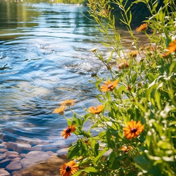 Beautiful Landscape with River and Wildflowers stock photo | Creative ...