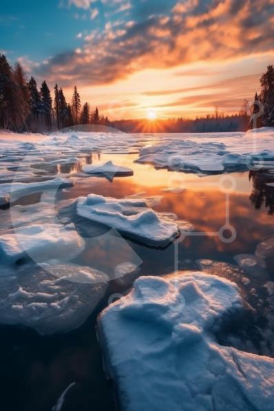 Beautiful Picture of a Frozen Lake at Sunset stock photo | Creative Fabrica