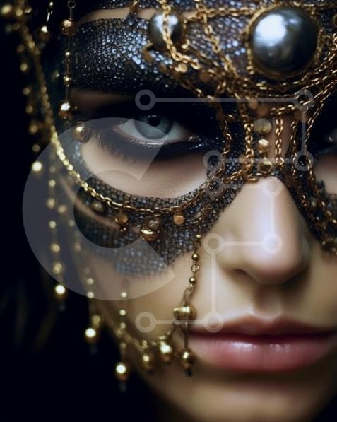 Woman Wearing Gold and Black Masquerade Mask with Intricate Beading and ...