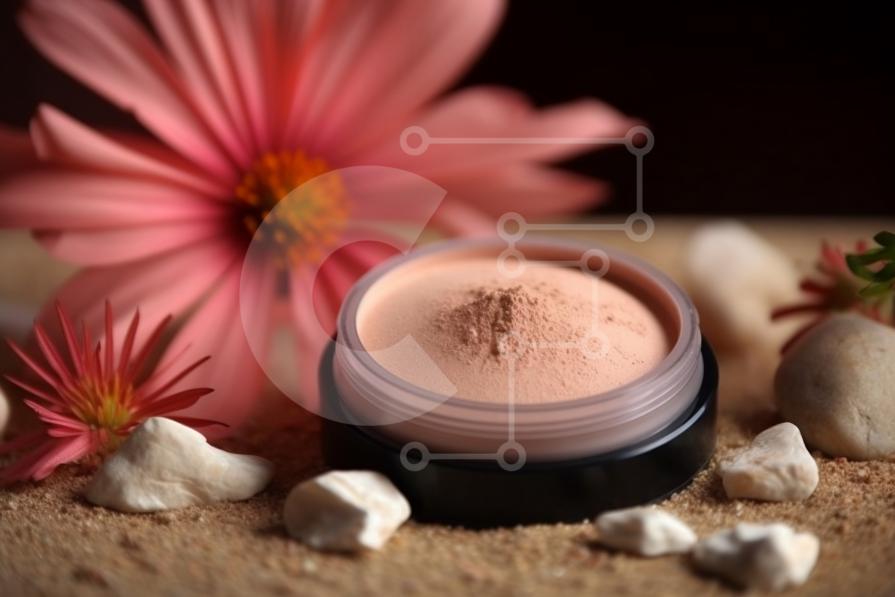 Stunning Image of Face Powder Jar on a Sandy Surface with Pink Flowers ...