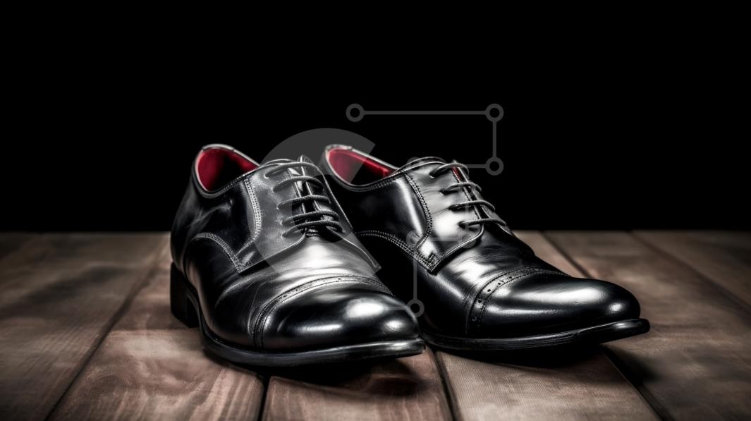 Stylish Black Dress Shoes with Red Laces on Hardwood Floor stock photo ...
