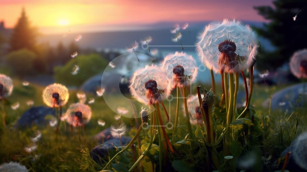 Beautiful Picture of a Field of Dandelions at Sunset stock photo ...