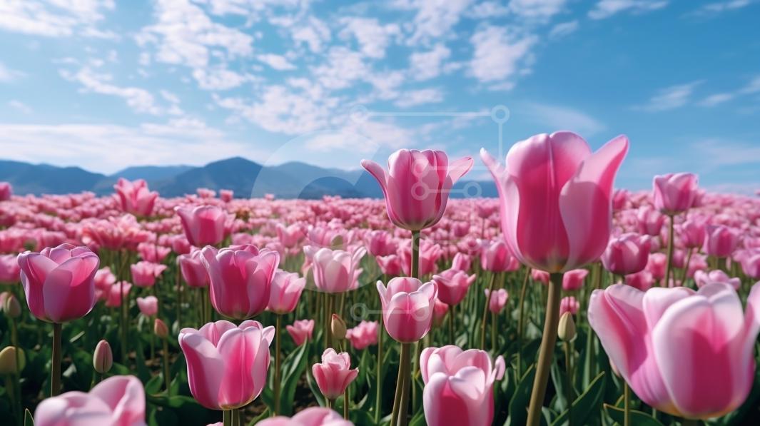 Stunning Picture of Pink Tulip Field Under a Clear Blue Sky stock photo ...