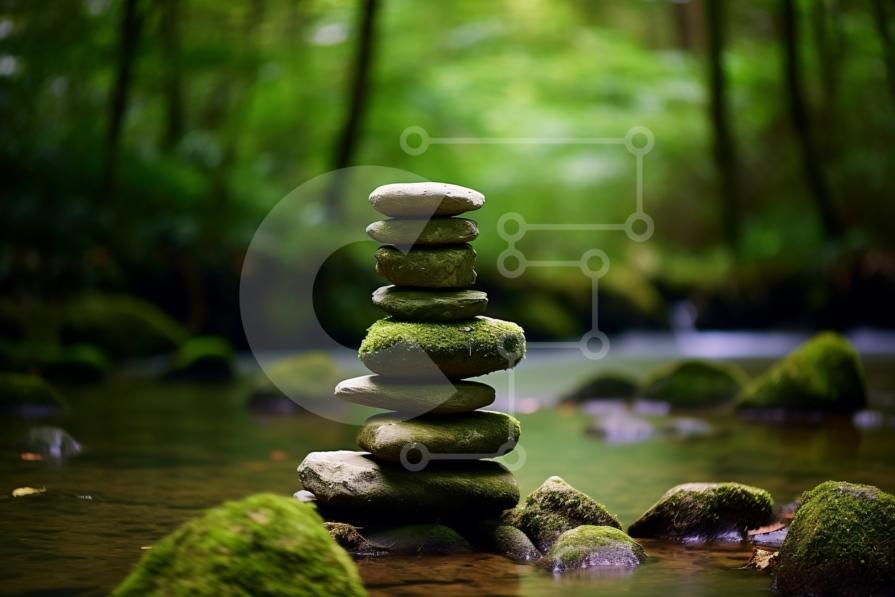 Stack of Rocks Pyramid in Stream Surrounded by Lush Greenery stock ...